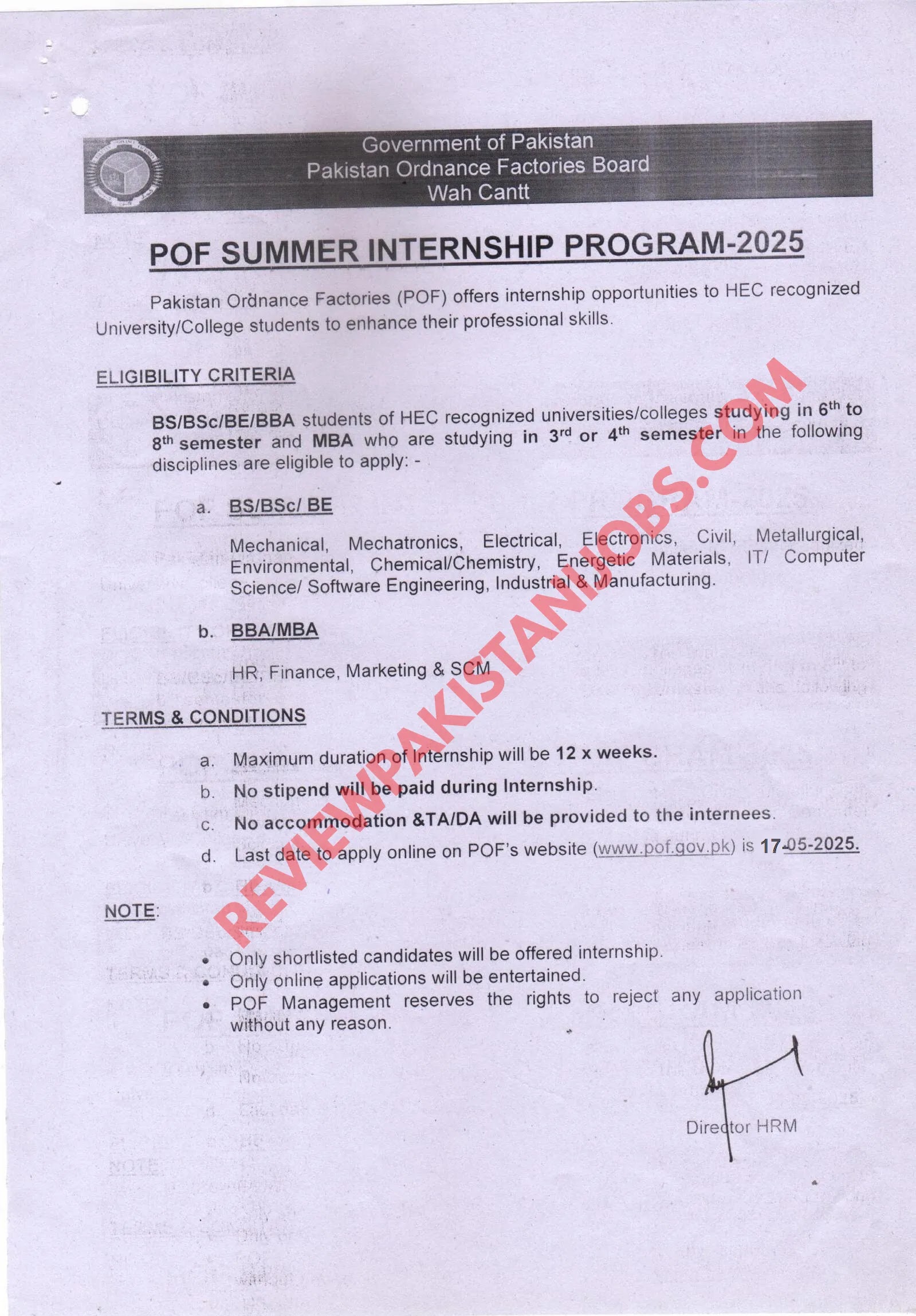 Pakistan Ordnance Factories (POF) internship 2025 – Internships ...