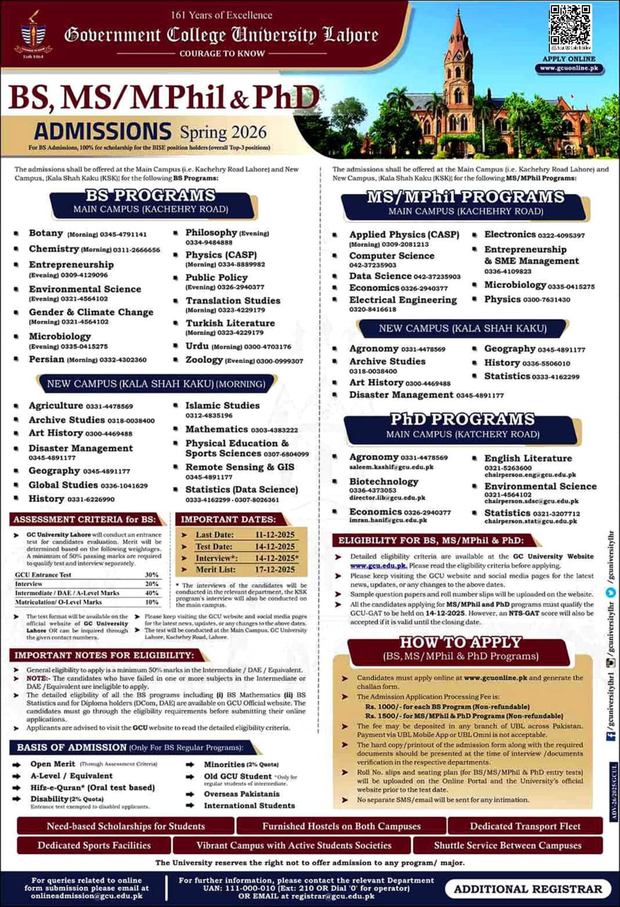 GCU Lahore Admissions Spring 2026 – Pakistani Universities, Degrees ...